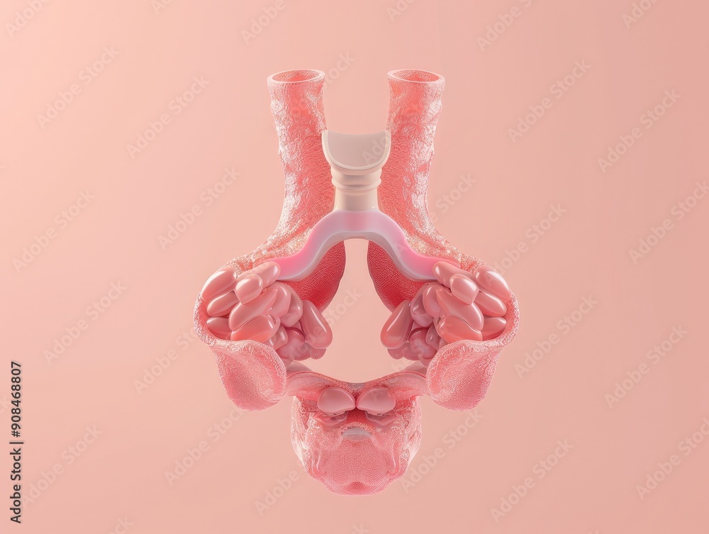 3D illustration of human larynx, trachea, and thyroid gland on pink ...