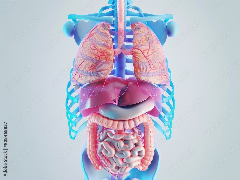 Detailed 3D rendering of the human internal organs including lungs ...