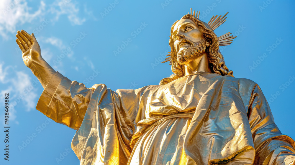 A photograph of Jesus Christ, golden statue, arms raised as if in ...