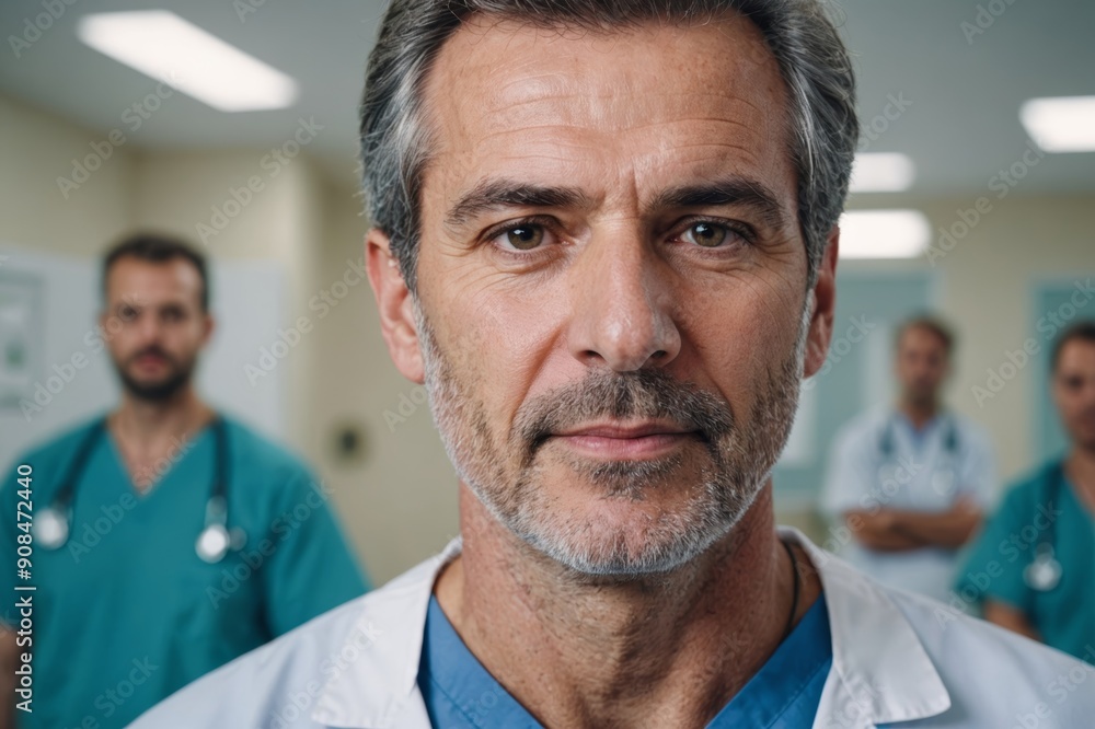 Mature male surgeon gazing and looking at camera at hospital, close up ...
