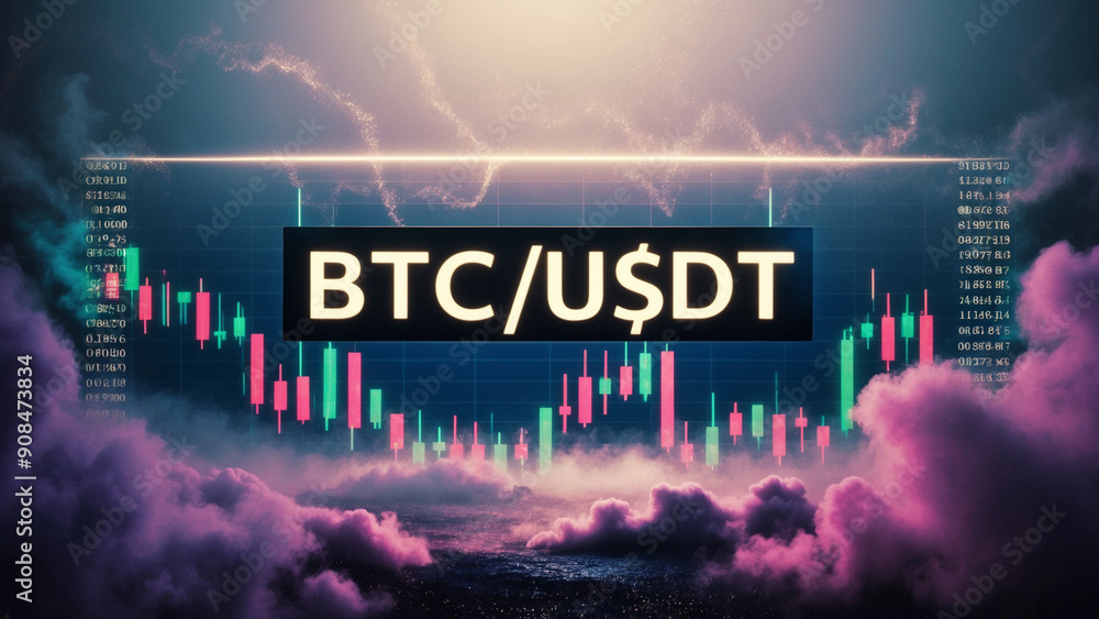 a surreal and vibrant cinematic photograph of the text "BTC/USDT ...