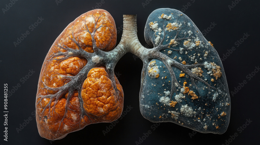 Fényképezés A comparison image of healthy lungs versus lungs affected ...