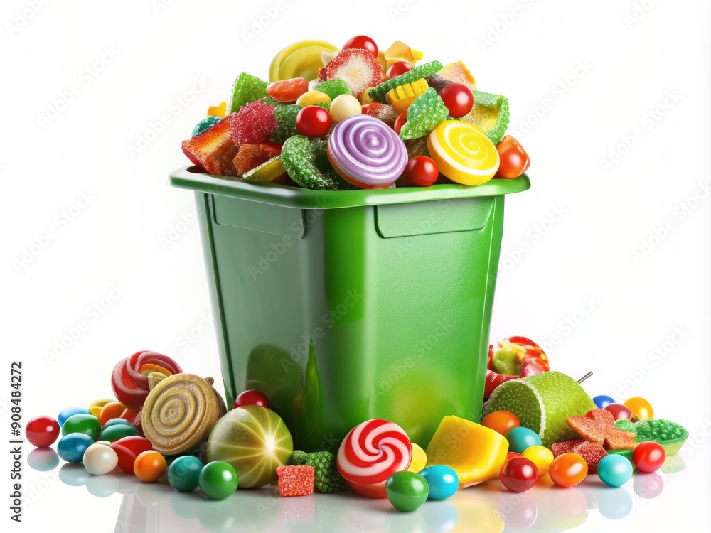 Vibrant green recycling bin overflowing with colorful candies ...