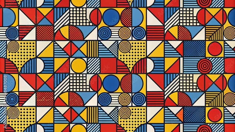 A retro-inspired pattern with bold, overlapping shapes in primary ...