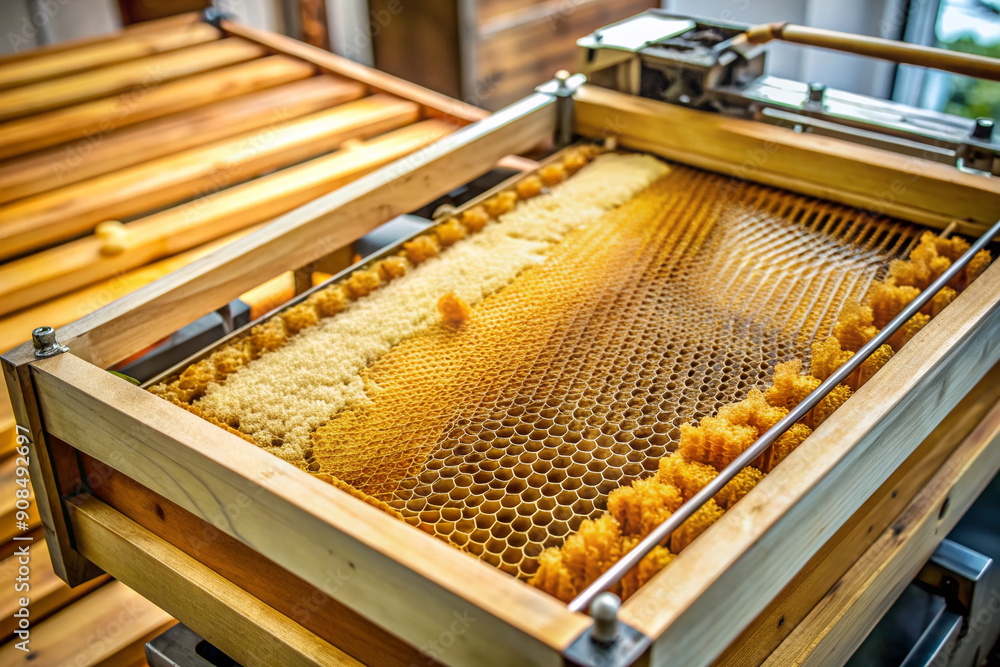 Golden beehive frame placed on a decapping tray with a capping ...