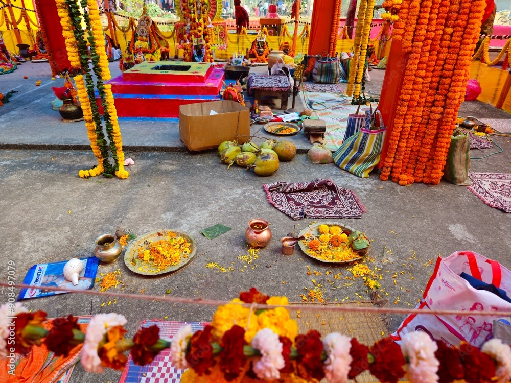 Havan kund puja in Hindu Temple. A yajna kunda or ritual pit for ...