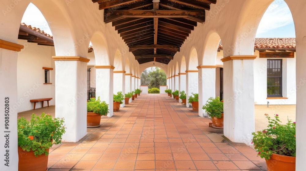 Mission Revival architecture, arcaded walkways, selective focus ...