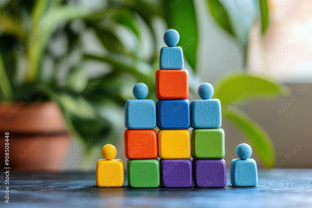 Building Success Together: Colorful wooden blocks form a pyramid with ...