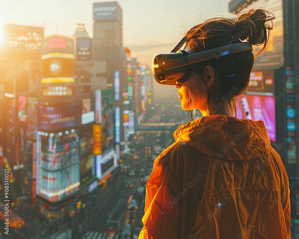 AI assistant, smart glasses, a young woman navigating a bustling city ...