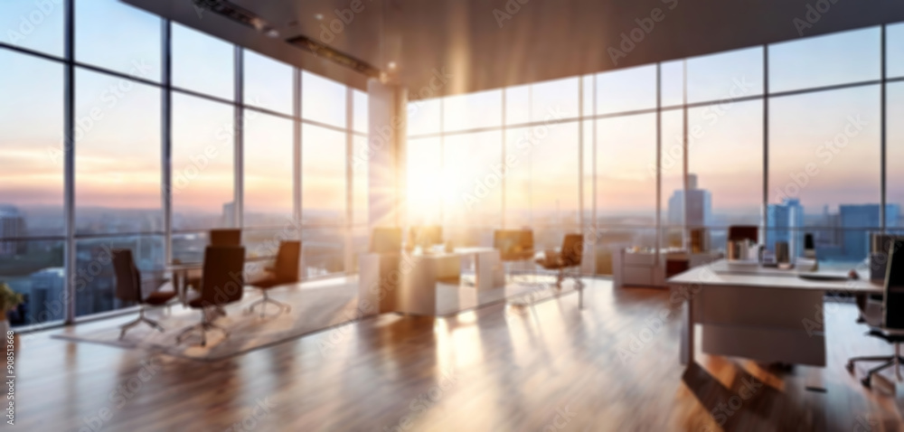 Blurring Background bright, sunlit office with modern white furniture and large windows. High ...