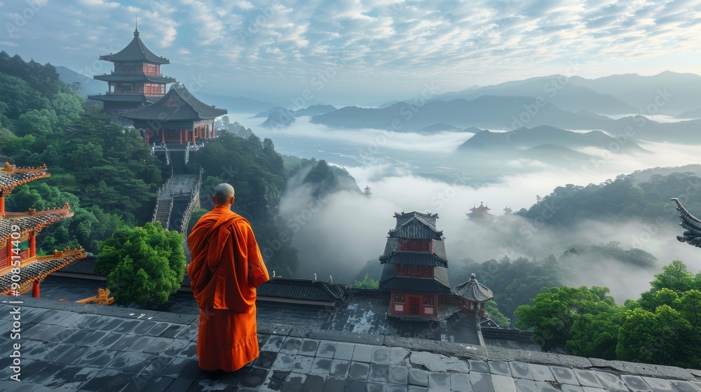 Monk of a Chinese monastery stands on the edge of a picturesque hill ...
