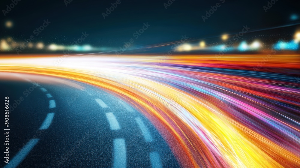 Colorful light trails swirl along a dark urban roadway, highlighting ...