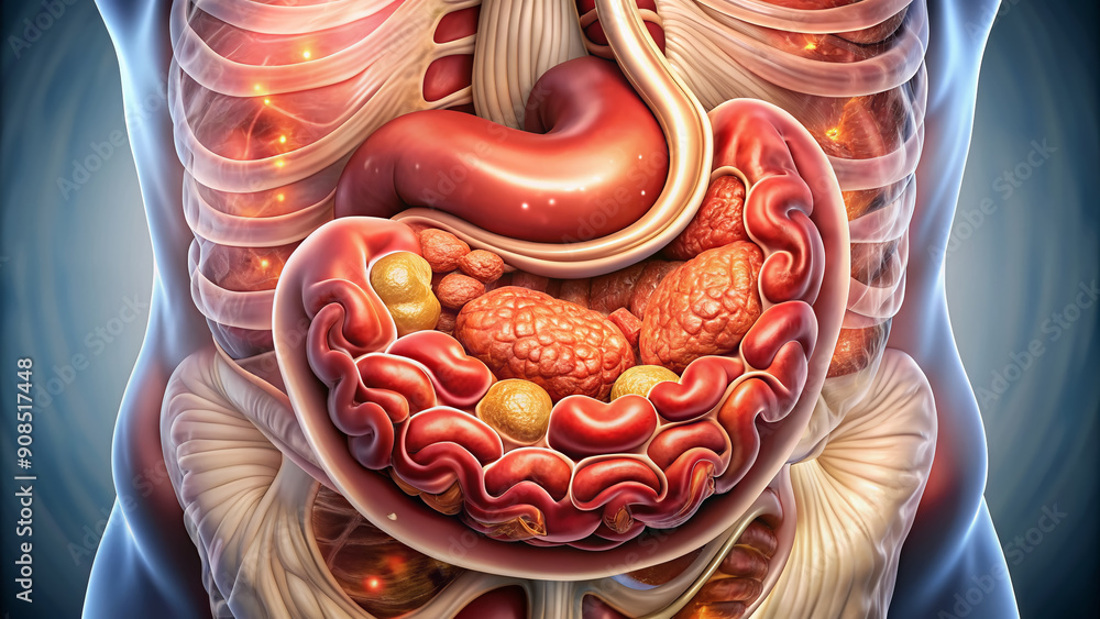 Close-up of a stomach lining with multiple open sores and inflammation ...