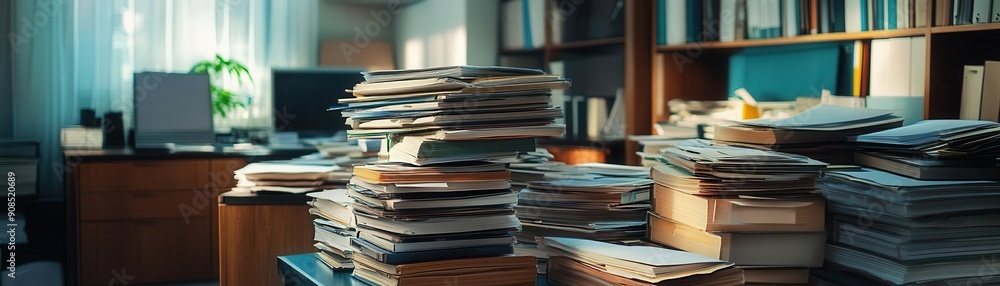 Messy cluttered office desk with stacks of paperwork and documents ...