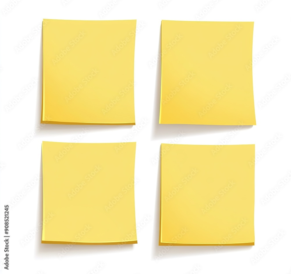 Four Yellow Sticky Notes Isolated on White Background, Vector ...