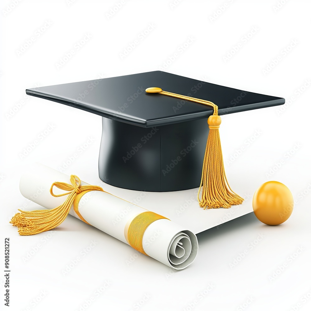 Graduation cap with diploma scroll and yellow tassel on white ...