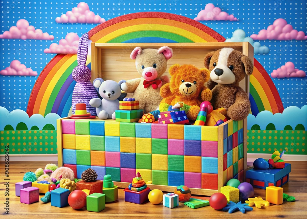 Vibrant toy chest overflowing with colorful blocks, soft cuddly animals ...