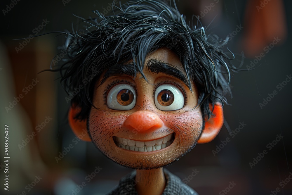 Cartoon boy with messy hair and stubble smiling with wide eyes in a ...