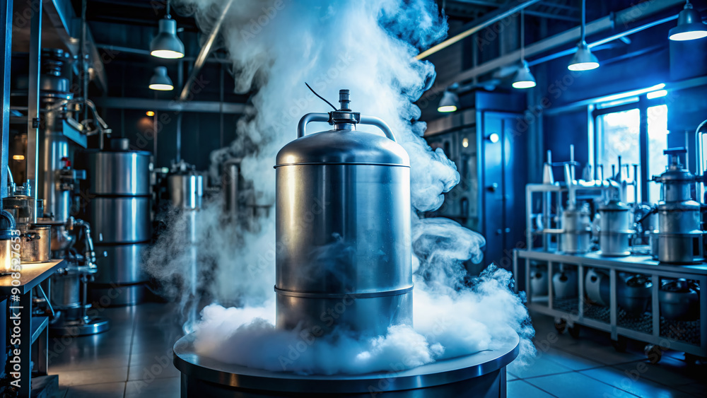 Frosty metallic cylinder filled with liquid nitrogen vapor mist ...