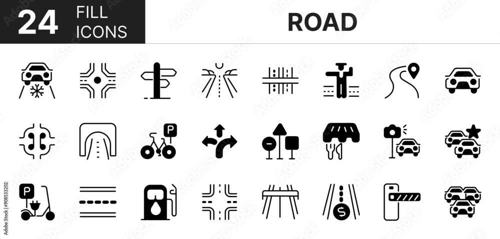 Collection of 24 road fill icons featuring editable strokes. These ...