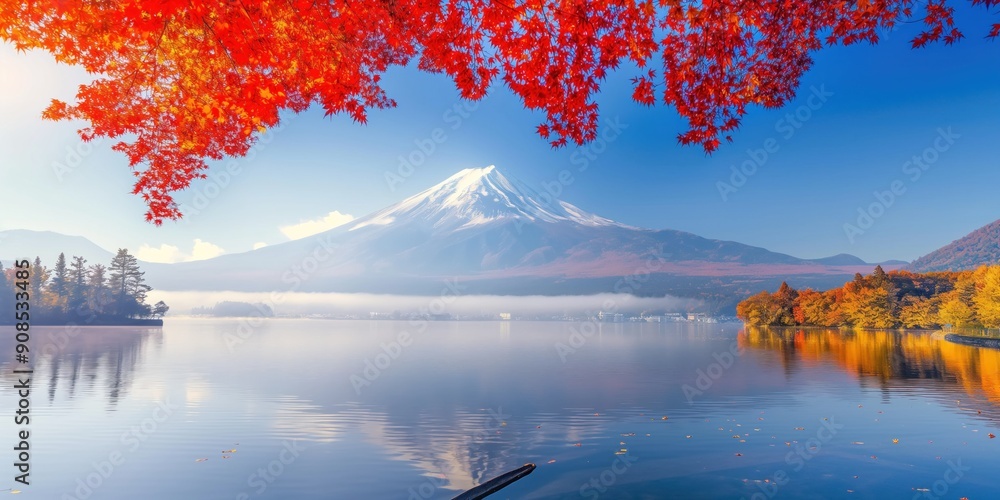 Autumn foliage at lake Kawaguchiko reflects majestic Mt Fuji morning misty peak amidst vibrant ...