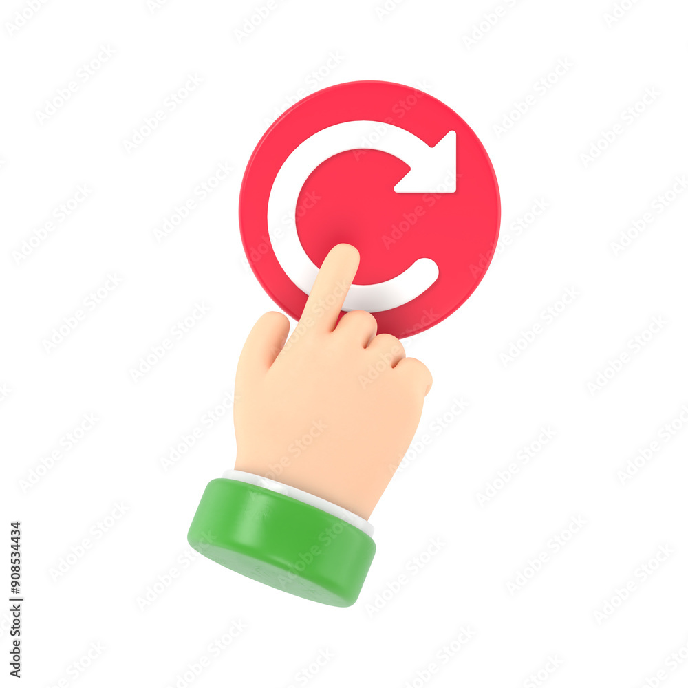 Reboot concept. Restarting technology. Hand to push big red button. 3d ...