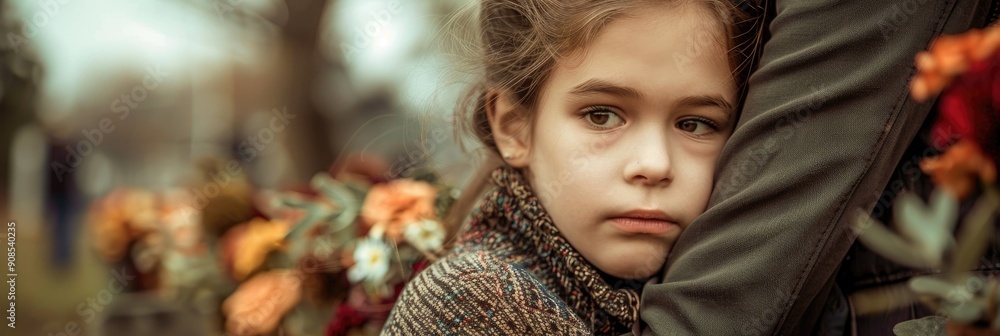 Child receiving a comforting hug at a funeral or cemetery amidst ...