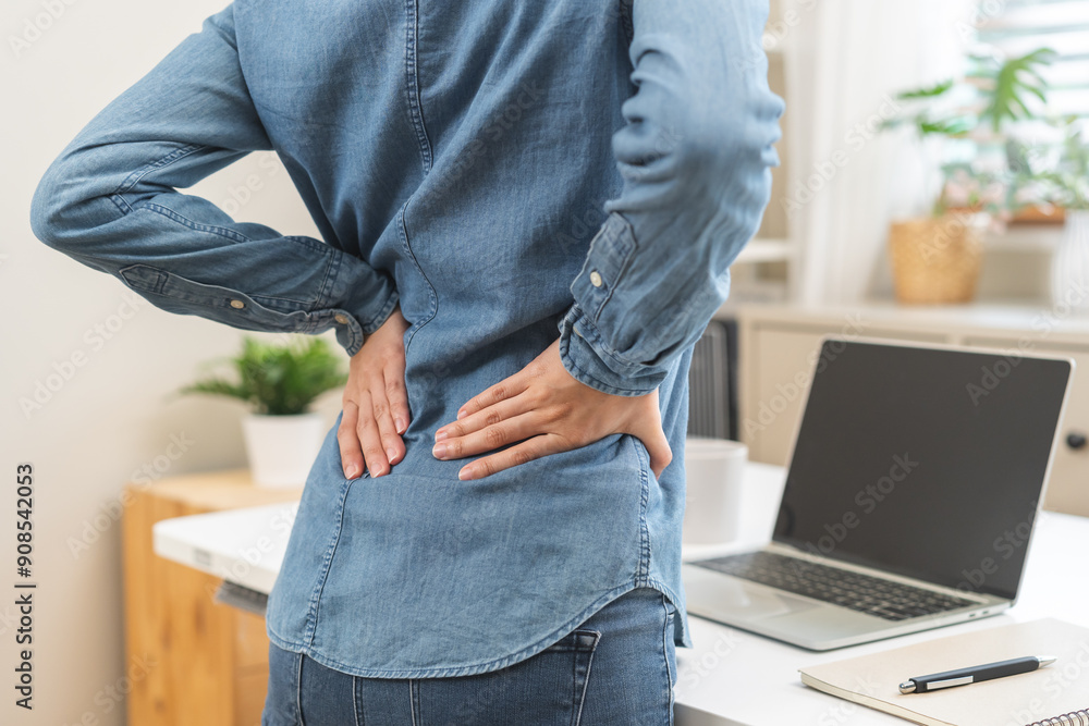 Body muscles hurt stiff, suffering asian young woman, girl back pain ...