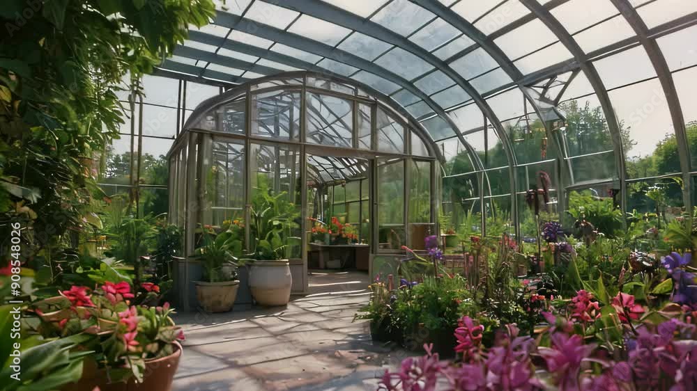 Video footage of interior view of a greenhouse with a curved glass roof ...