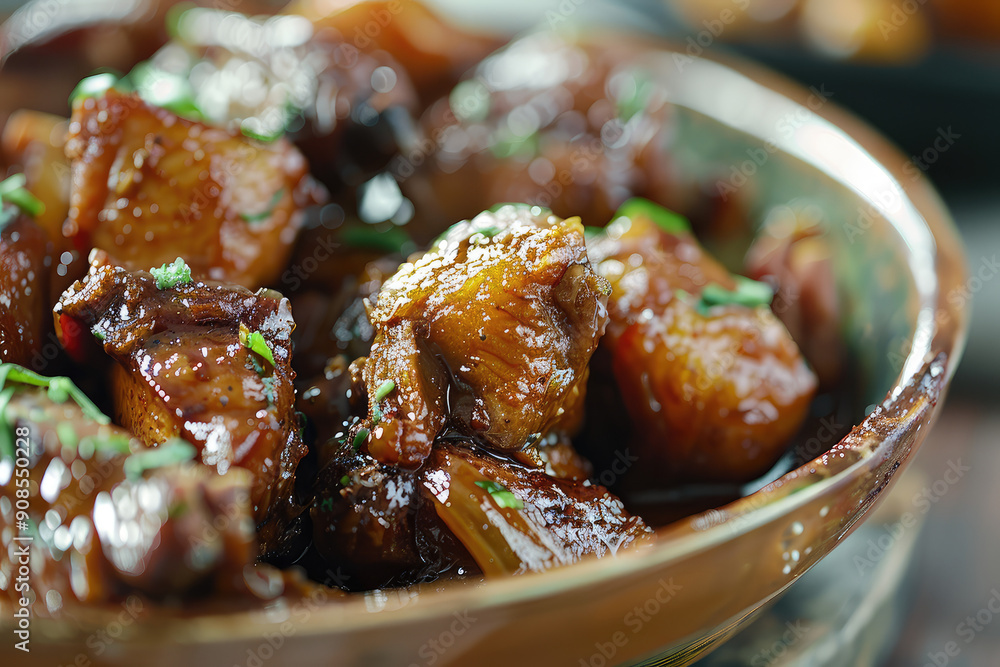 Close-up image of a Filipino adobo dish, chicken or pork in a savory ...