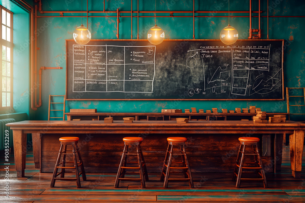 An empty vintage classroom with chalkboard, wooden desk, stools, and ...
