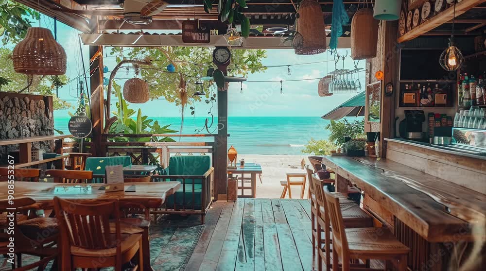 Cozy interior of a cafe by the beach, featuring a relaxed atmosphere ...
