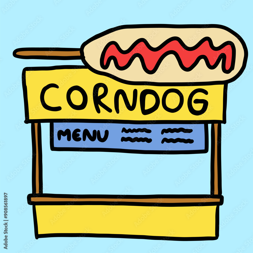 Hand drawn corndog sausage food stall for amusement park, theme park ...