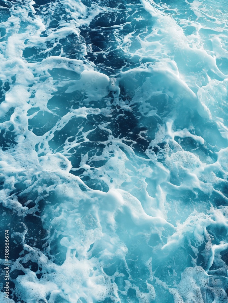 Blue turquoise water texture of ocean sea with foam from waves. Close ...