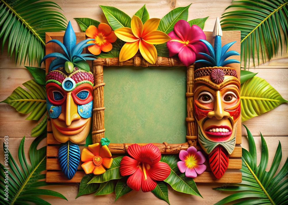 Vibrant, handcrafted tiki frame border features a blank central sign ...