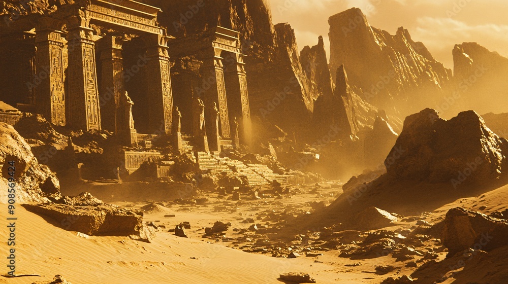 An awe-inspiring scene of ancient ruins located in a vast desert, with ...