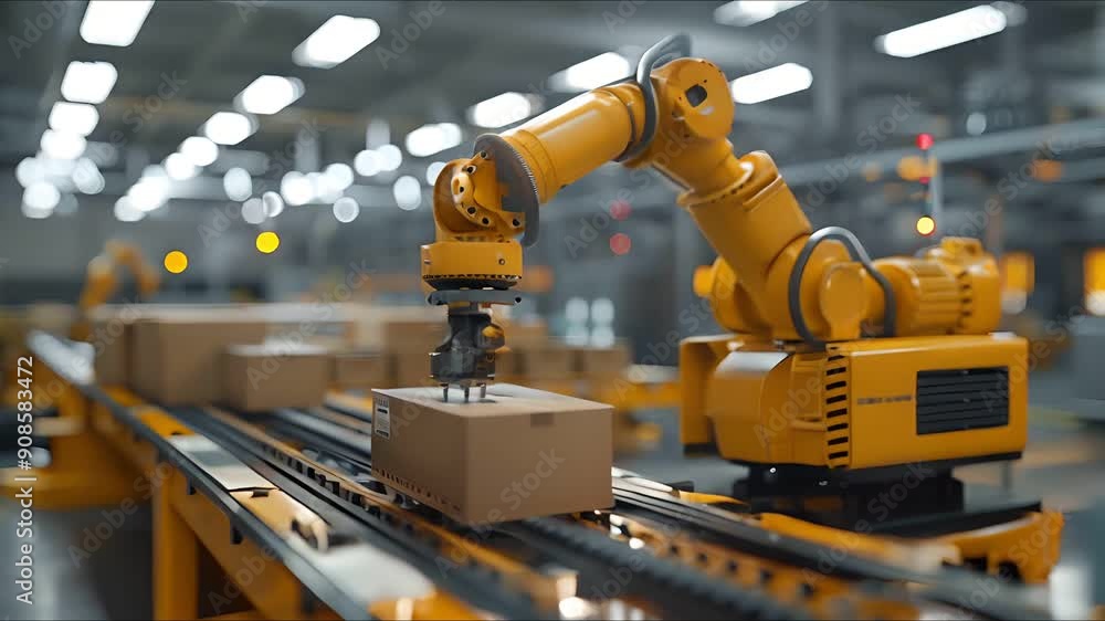 A robotic arm moves along a conveyor belt, picking up and sorting cardboard boxes in a modern ...