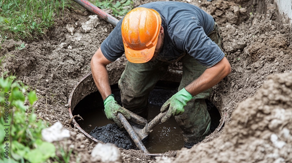 Man cleaning septic tank for sewage removal service. Concept Septic ...