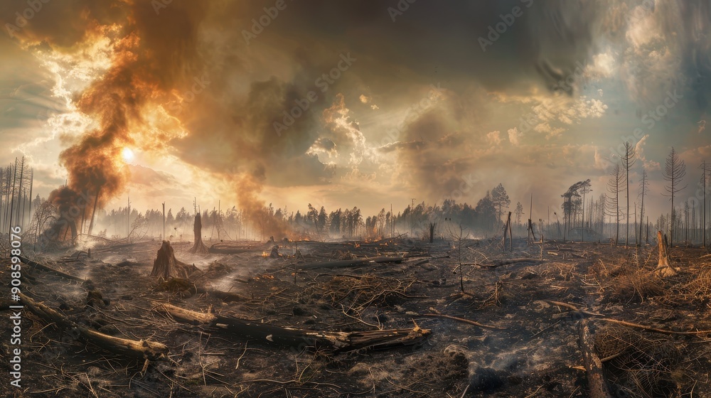 Devastation of Nature: Panoramic View of Deforestation and Wildfires ...