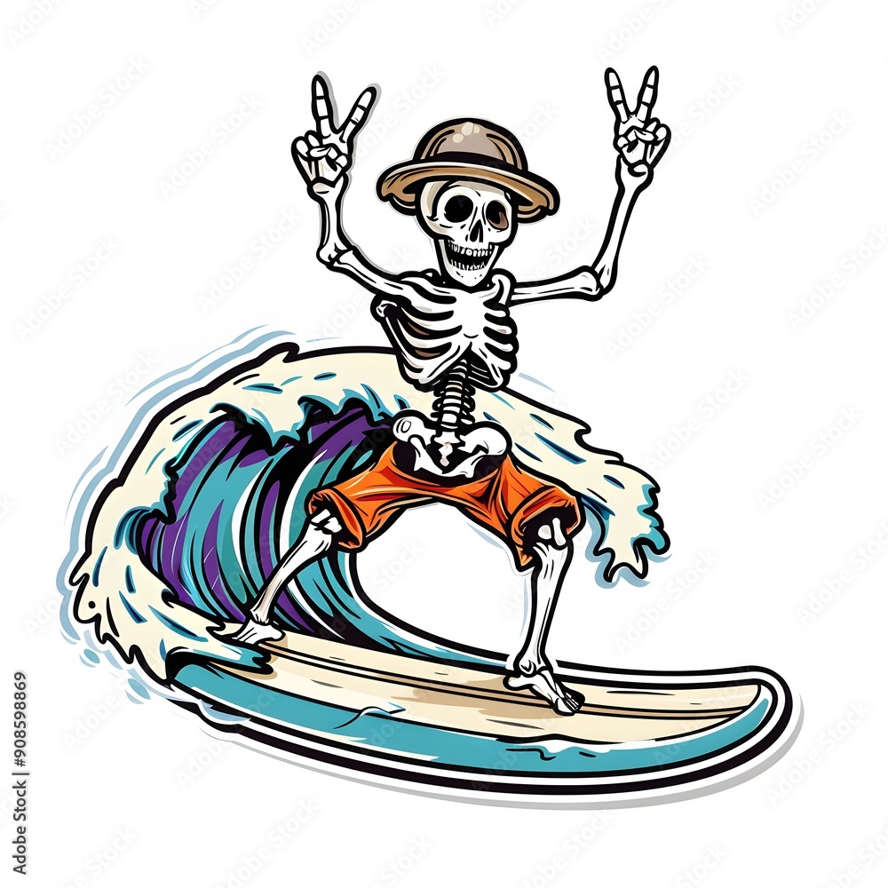 old school skeleton surfer wearing cool and a hat, holding a peace sign ...