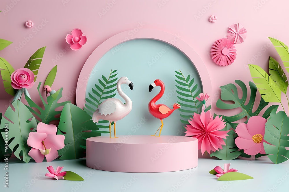 Tropical Flamingo Paradise: A vibrant papercraft scene with pink and ...