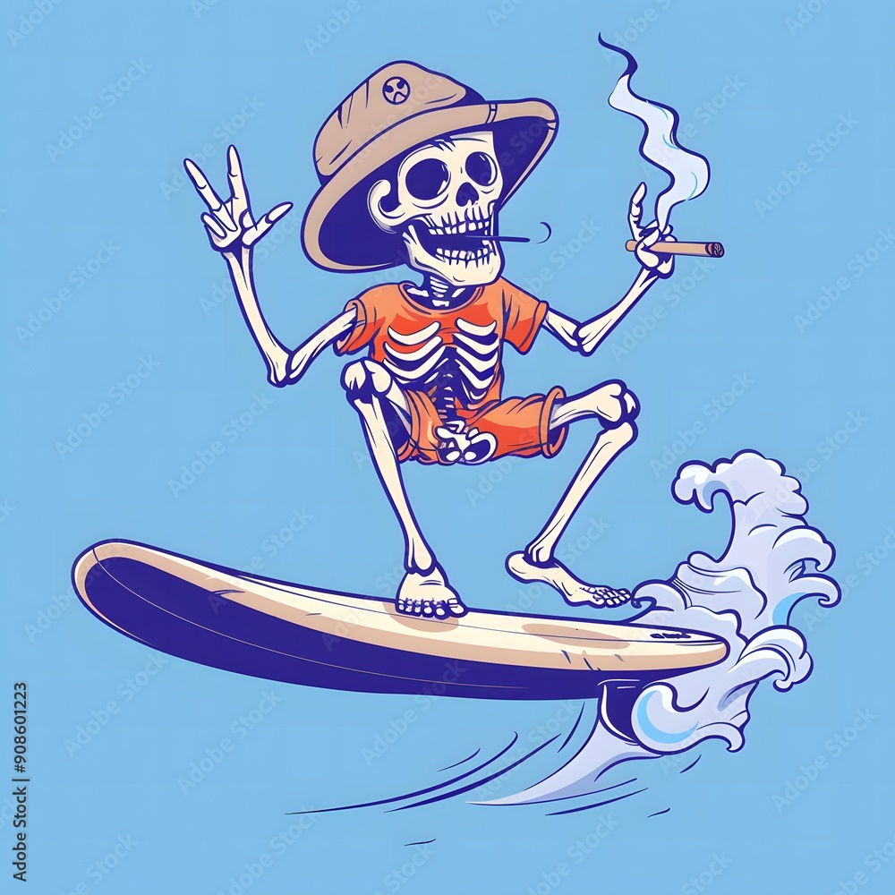 old school skeleton surfer wearing cool and a hat, holding a peace sign ...