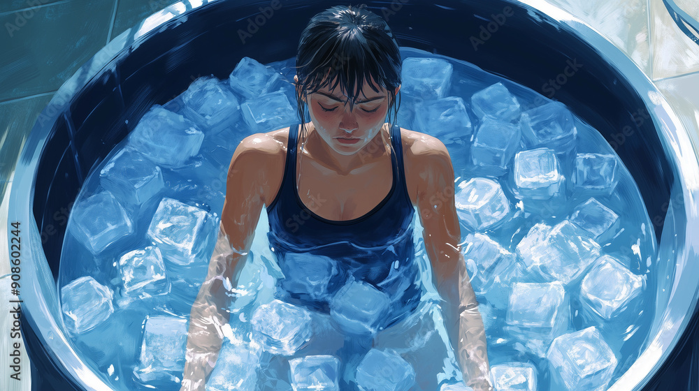 A volleyball player stands in a tub filled with ice cubes, a determined ...