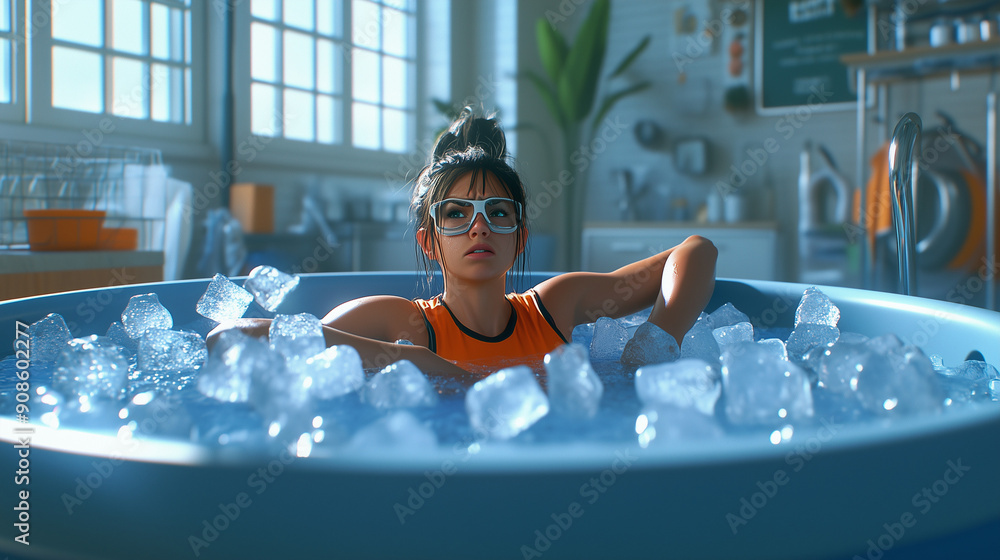 A volleyball player stands in a tub filled with ice cubes, a determined ...