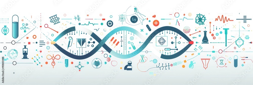 A double helix DNA strand is surrounded by a variety of medical icons ...