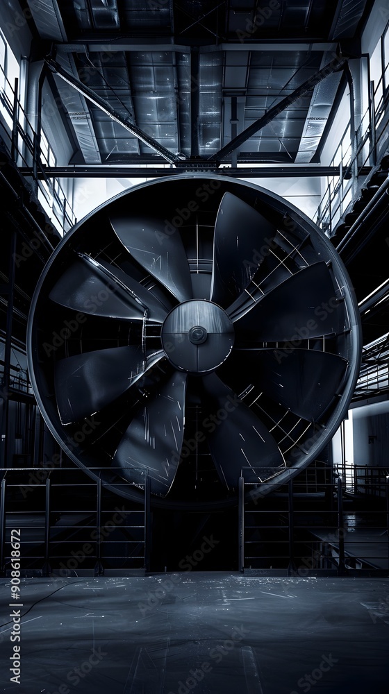 Dramatic high contrast monochrome image of a massive industrial fan ...