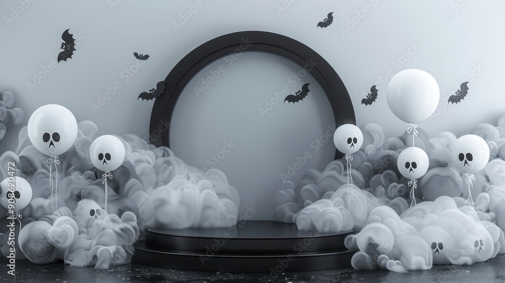 Podium for Halloween with ballloon,ghost, candle,pumpkin and bat,poster ...
