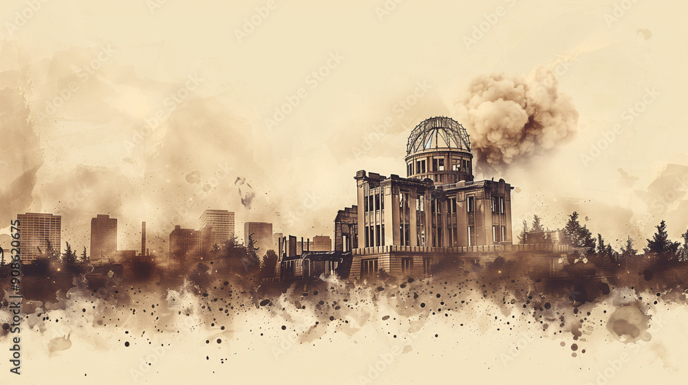 Illustration of the atomic bomb exploding over hiroshima peace memorial ...