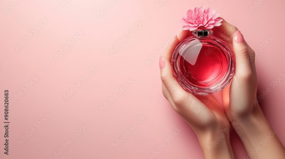 Woman's hand elegantly holds a glass perfume bottle,The concept of ...