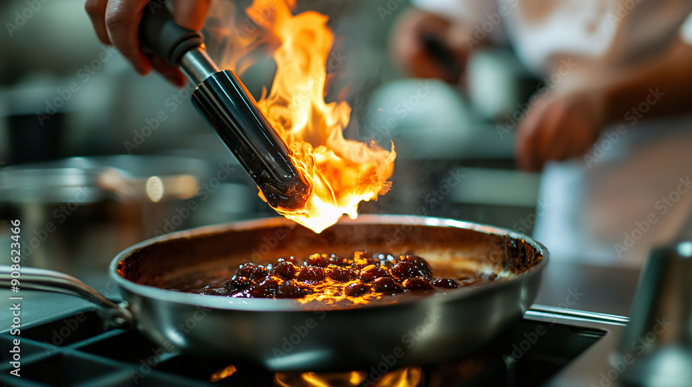 Photography of a chef using a blowtorch to caramelize a dessert in a ...